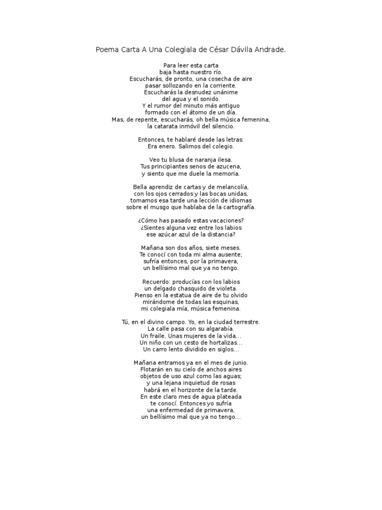 Poema Carta A Una Colegiala de César Dávila Andrade | PDF