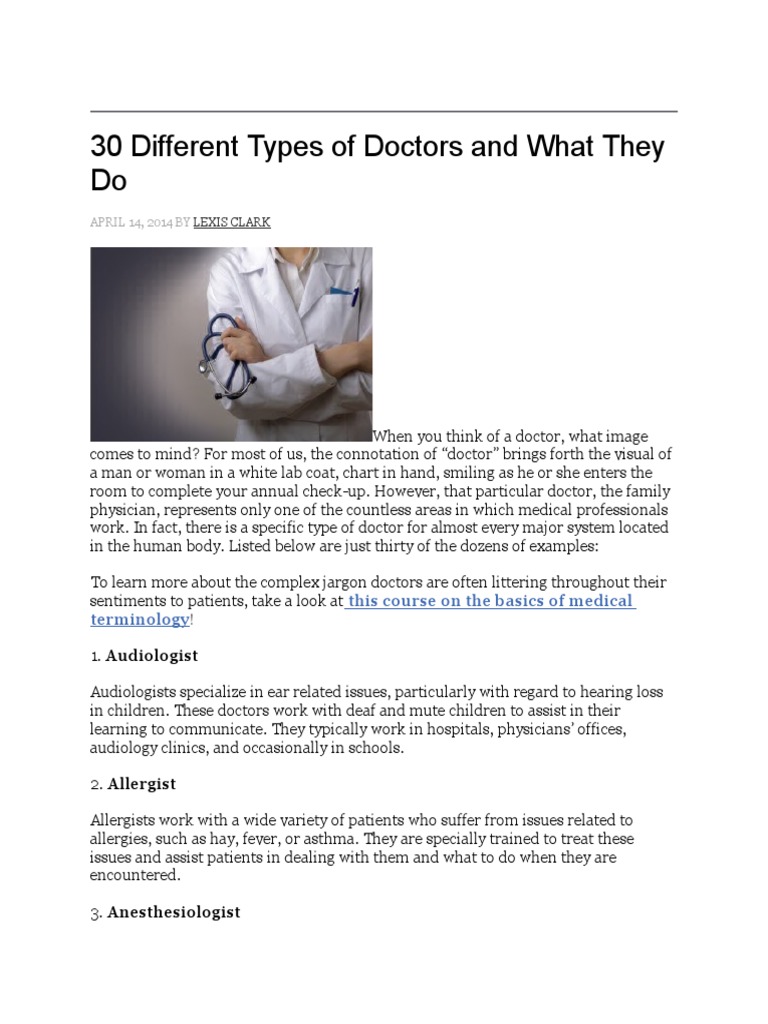 30 Different Types of Doctors and What They Do | PDF | Neurology | Surgery