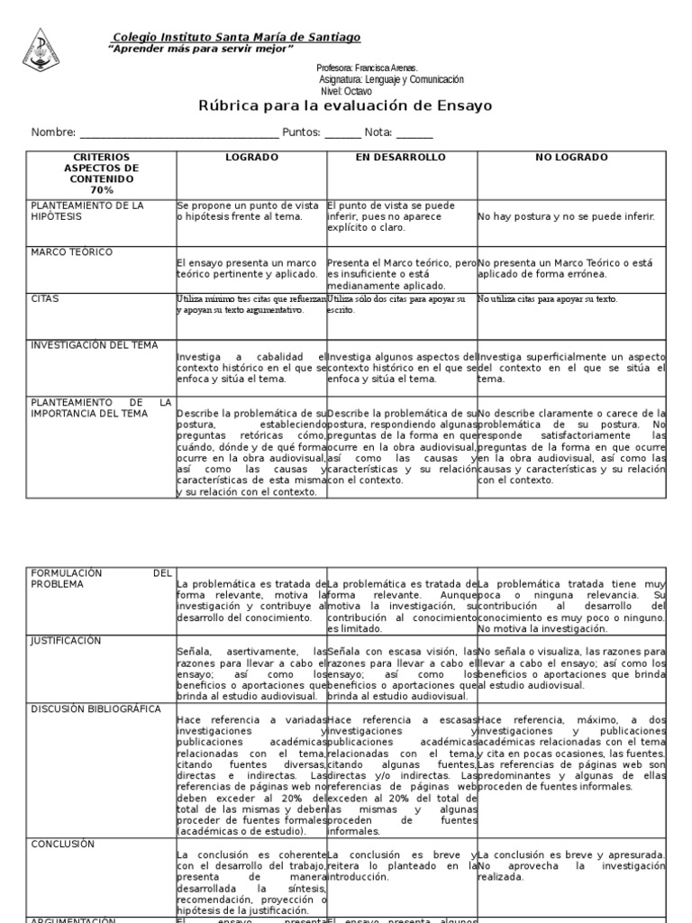 Rúbrica para Evaluar Ensayo Octavo | PDF | Ensayos | Bibliografía