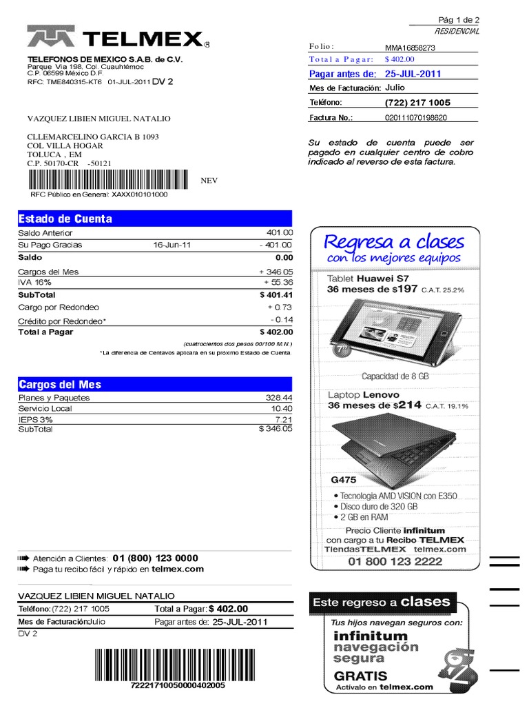 Recibo Telmex PDF | PDF