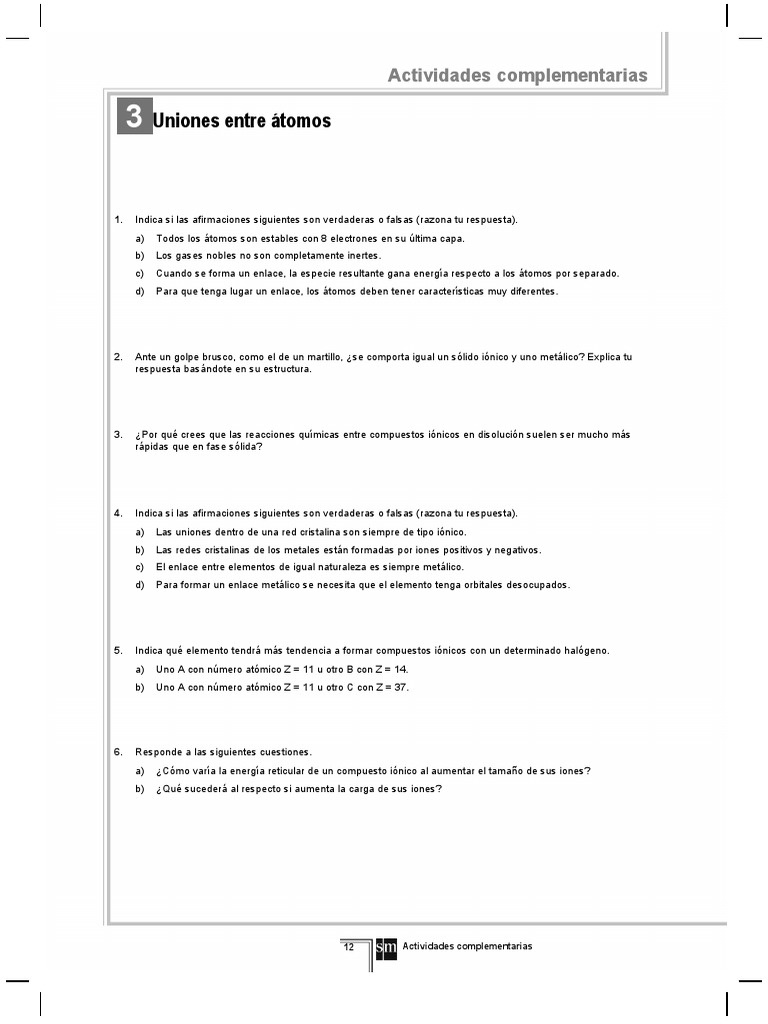 Actividades sobre uniones atómicas en química | PDF | Enlace químico | Ion
