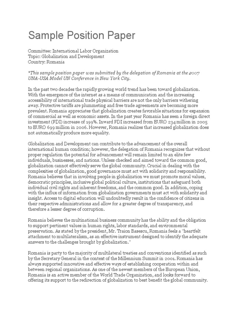Sample Position Paper | PDF | Romania | Globalization