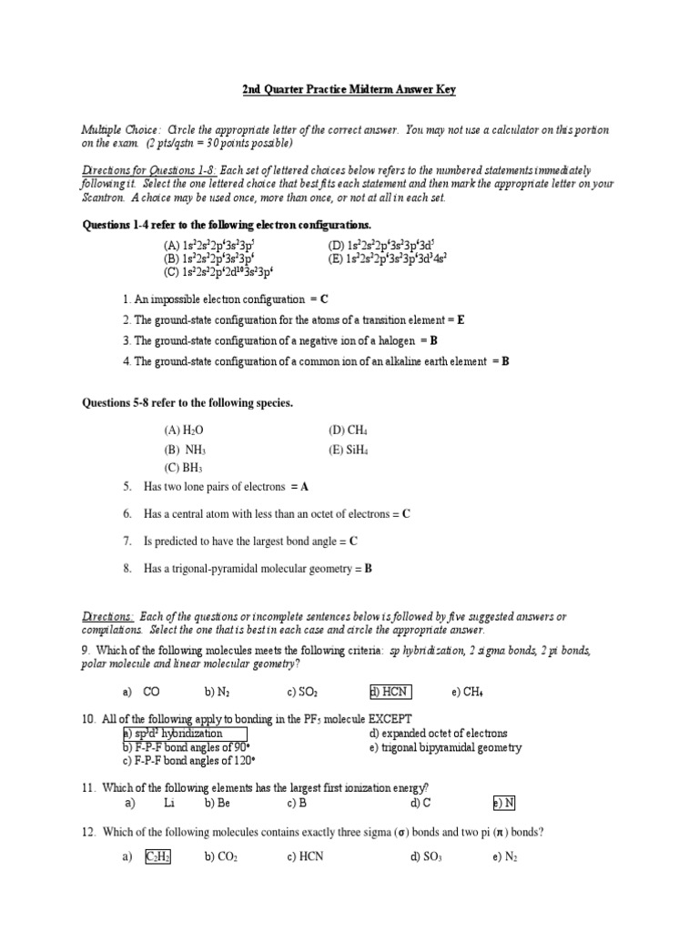 Chemistry Midterm Practice Key | PDF | Chemical Polarity | Chemical Bond