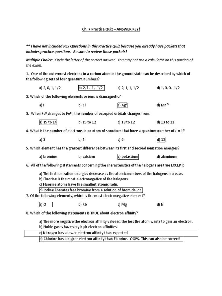 Ch. 7 Practice Quiz Answer Key | PDF | Ion | Atoms
