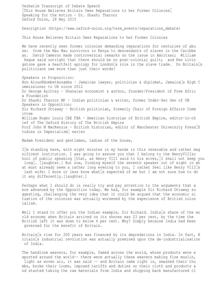 Shashi Tharoor Oxford University Speech Transcript | PDF | Weaving ...