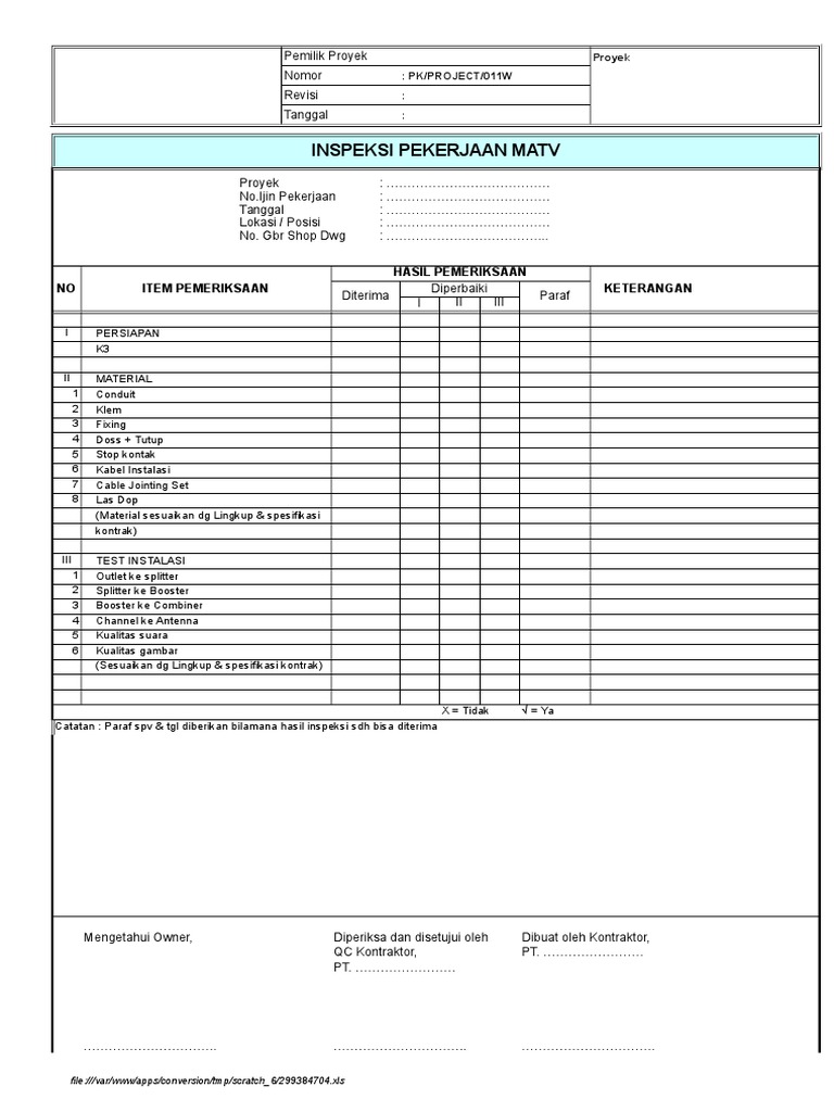 Form-Inspeksi Pekerjaan MATV | PDF