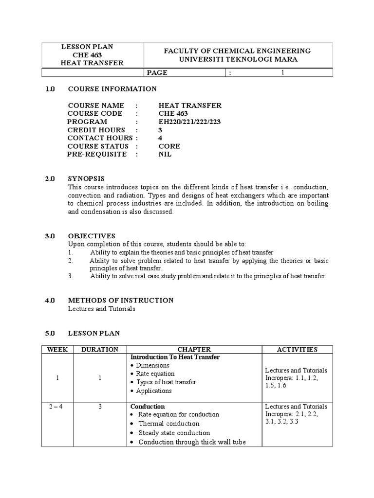 Lesson Plan Che463 | PDF | Heat Transfer | Thermal Conduction