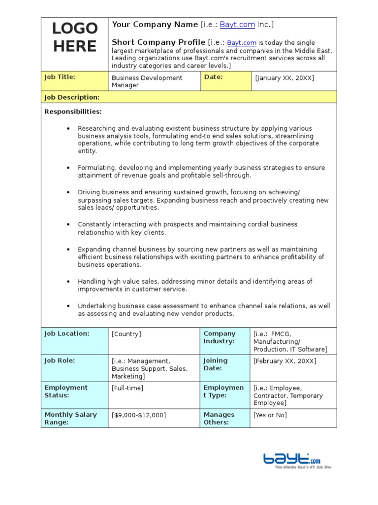 Business Development Manager Job Description Business Development ...