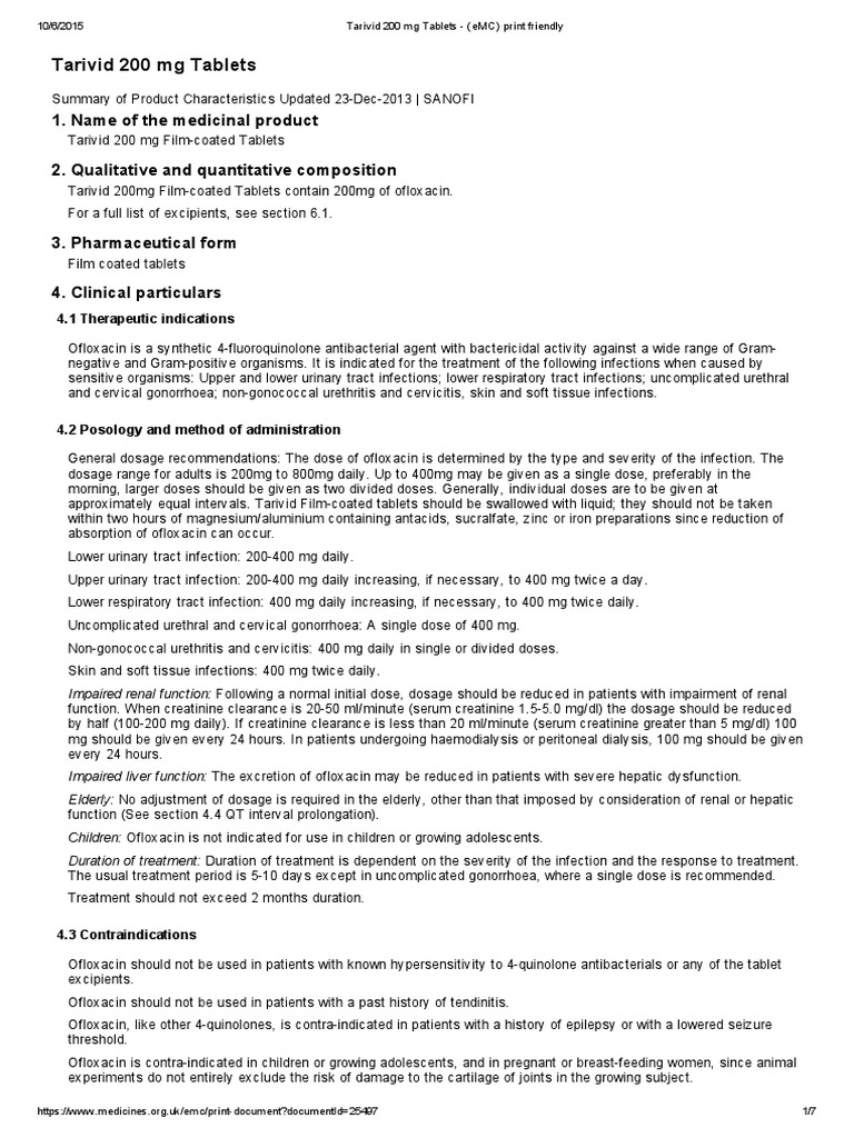 Tarivid 200 MG Tablets - (eMC) Print Friendly PDF | PDF | Medical ...