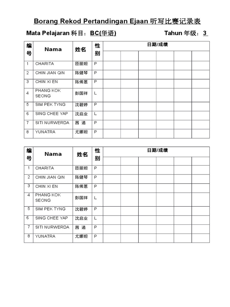 Borang Rekod Pertandingan Ejaan 听写比赛记录表 | PDF