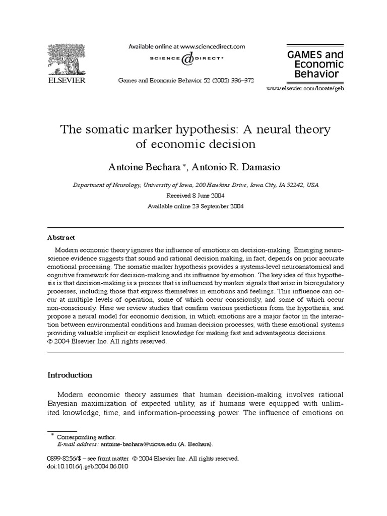 Bechara and Damasio, 2005 | PDF | Somatosensory System | Decision Making