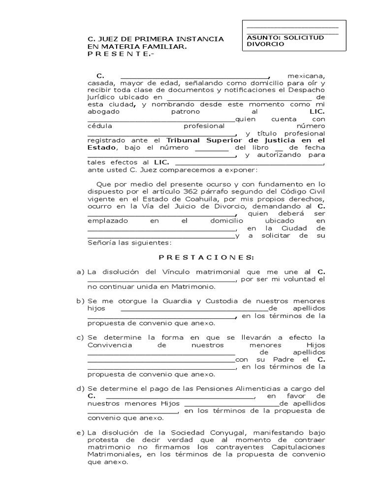 Divorcio Incausado Formato | PDF | Divorcio | Matrimonio