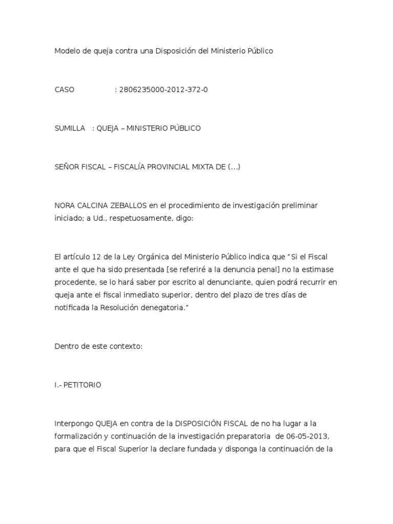 Modelo de Queja Contra Una Disposición Del Ministerio Público | PDF | Derecho penal | Gobierno