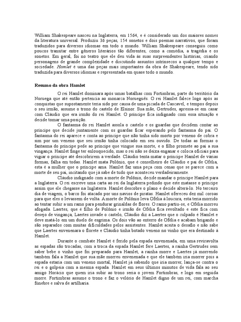 Hamlet - Resumo | PDF | William Shakespeare | Aldeia