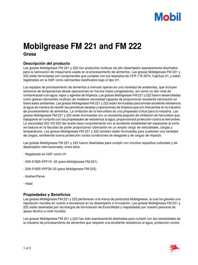 Mobilgrease FM 221 222 Castellano | PDF | Lubricante | Alimentos