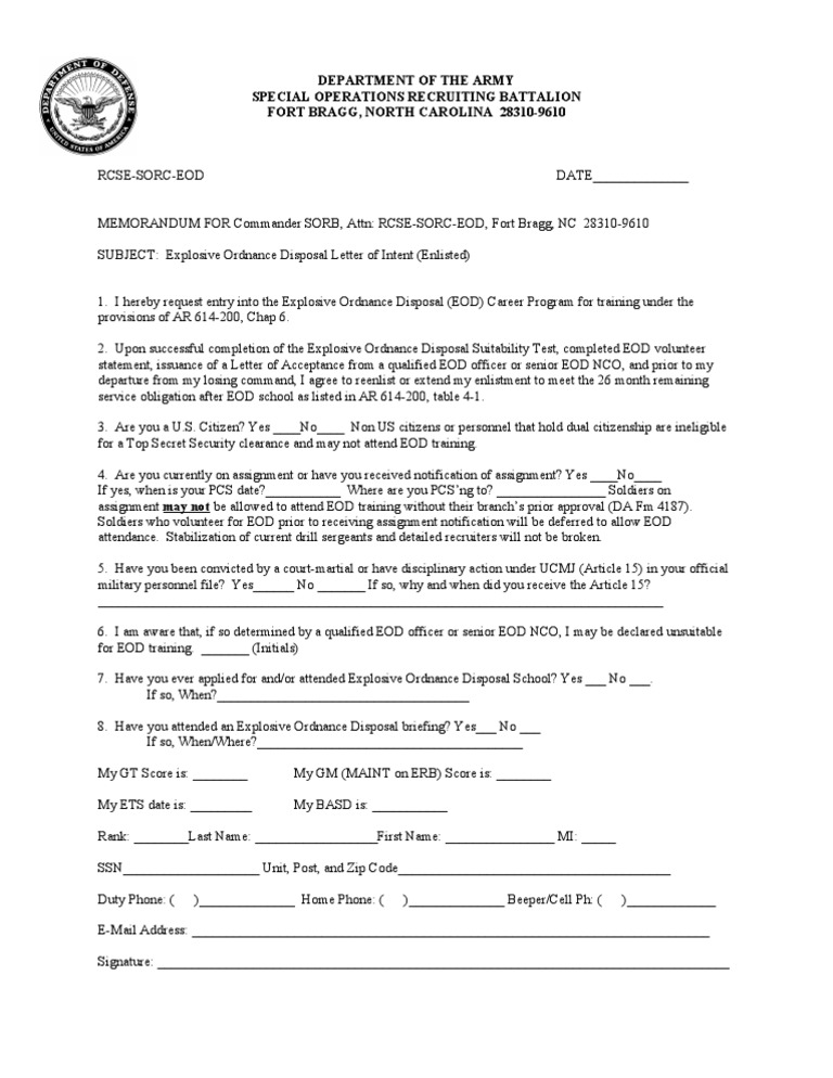 EOD Letter of Intent | PDF | Bomb Disposal | Non Commissioned Officer