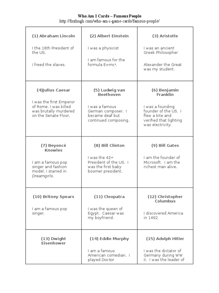 Who Am I Cards - Famous People | PDF | The United States