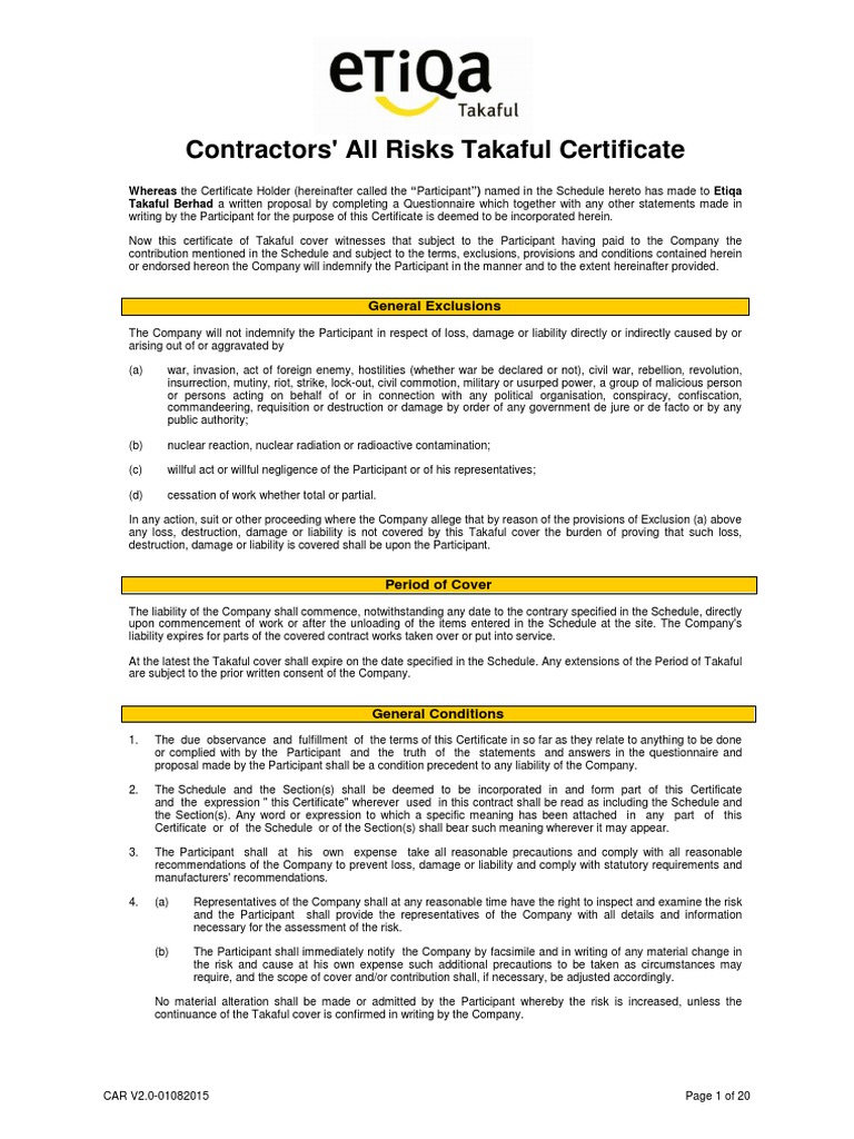 Contractor All Risks Takaful Certificate | PDF | Indemnity | Arbitral ...