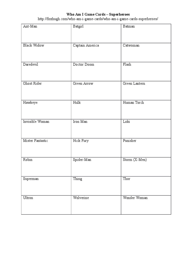 Who Am I Cards – Superheroes