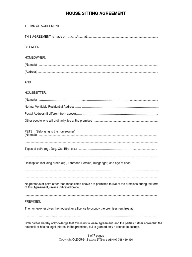 House Sitting Agreement: Seniorsitters | PDF | Lease | Common Law