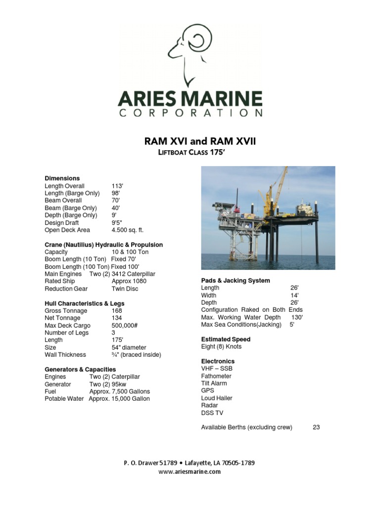 RAM XVI & XVII Liftboat Specifications | PDF | Tonnage | Crane (Machine)