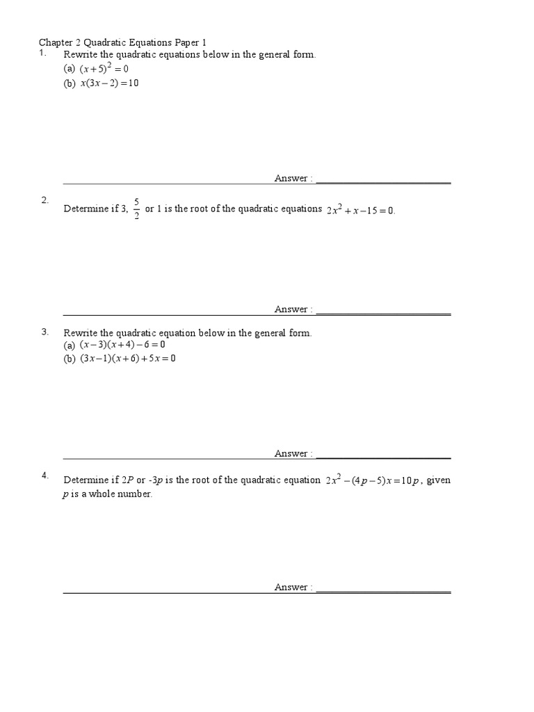 Chapter 2 Quadratic Equations Paper 1 With Answer | PDF | Quadratic ...