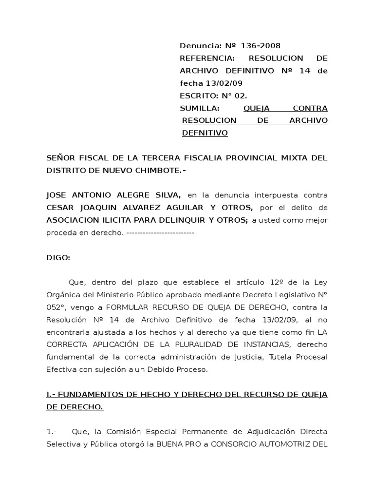 Modelo de Queja de Derecho | Delito | Derecho penal | Prueba gratuita de 30 días | Scribd