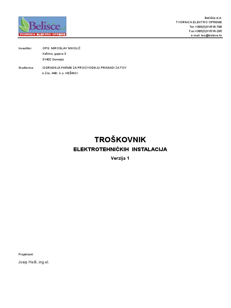 Elektro Troskovnik FARMA Popis Teh Dokumentacije | PDF