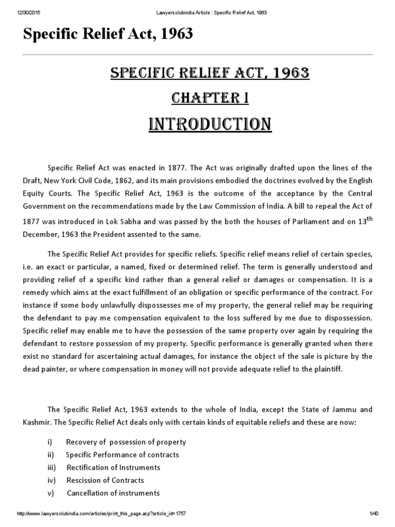 Specific Relief Act, 1963 | PDF | Specific Performance | Damages