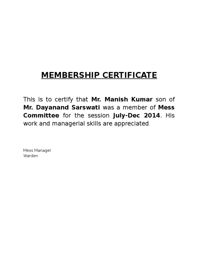 Mess Committee Membership Certificate | PDF