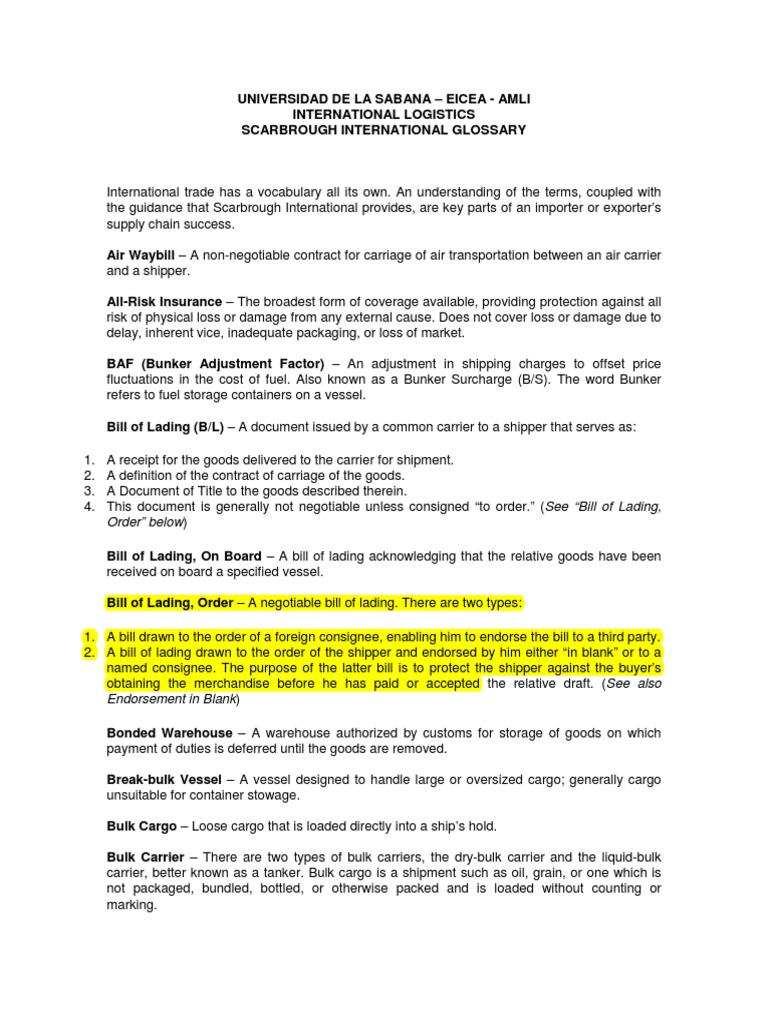 International Logistics Glossary | PDF | Cargo | Bill Of Lading