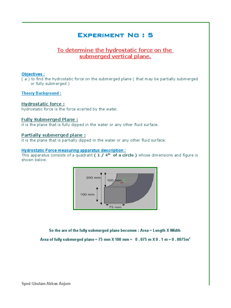Experiment No: 5: To Determine The Hydrostatic Force On The Submerged ...