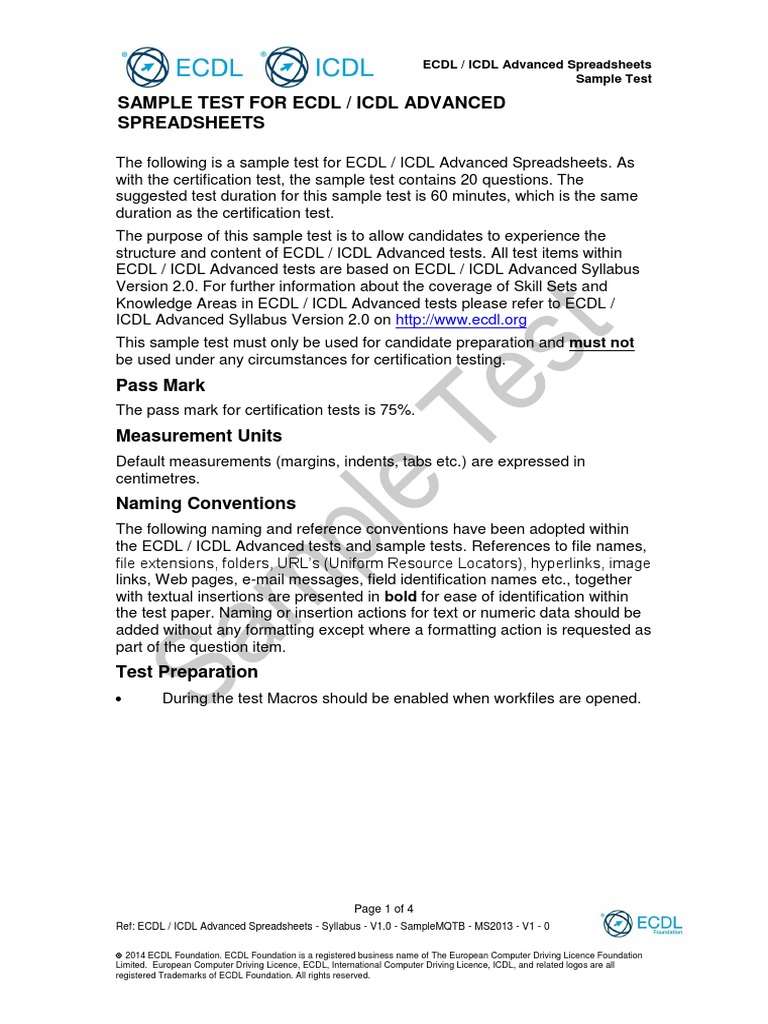 Advanced Spreadsheets Sample Test ECDL | PDF | Spreadsheet | Hyperlink