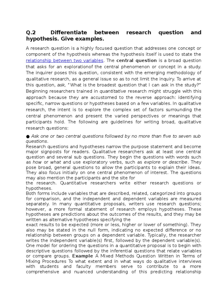 Q.2 Differentiate Between Research Question and Hypothesis. Give ...