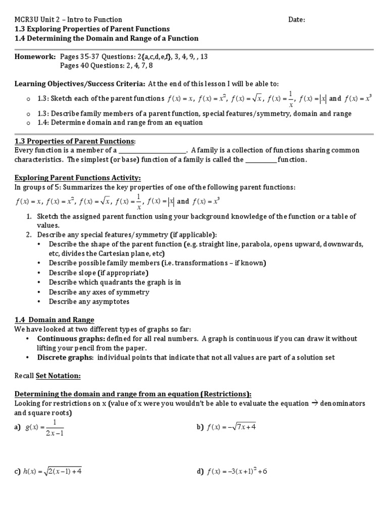 Properties and Domains of Parent Functions | PDF | Cartesian Coordinate ...