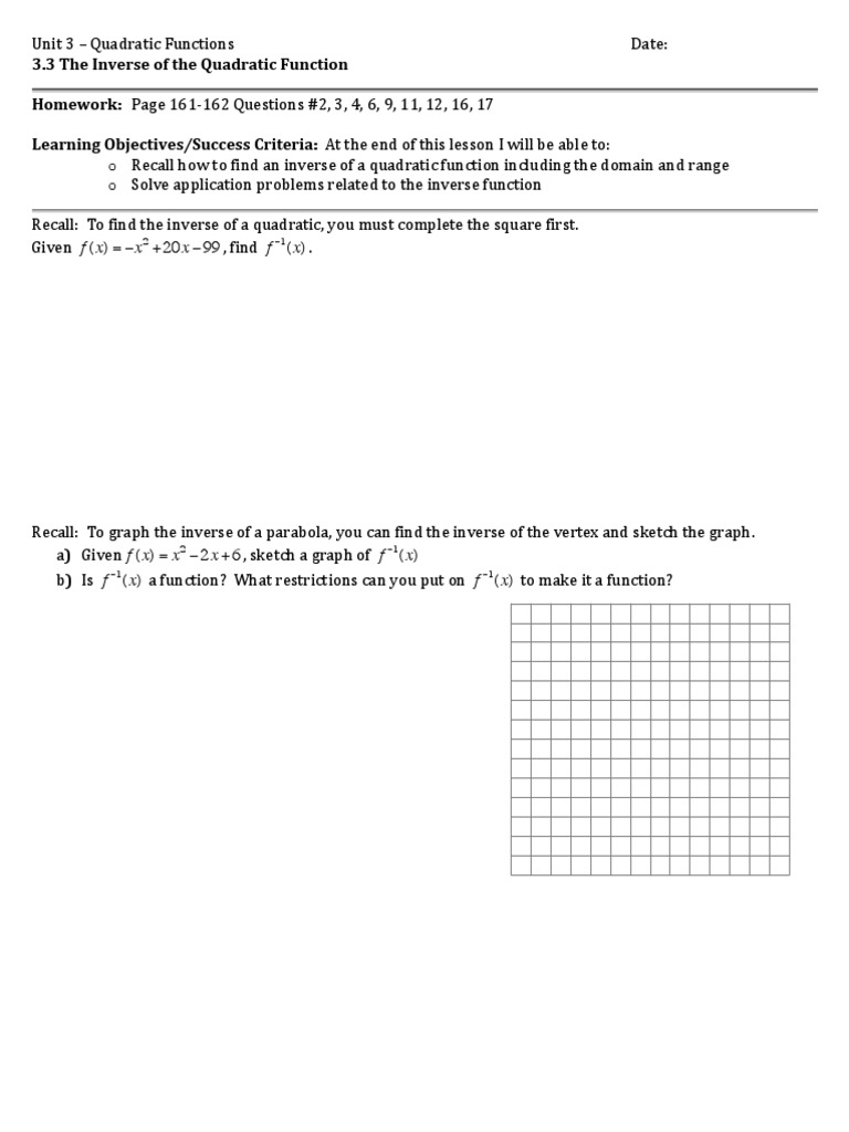 Inverse of Quadratic Functions Guide | PDF | Function (Mathematics ...