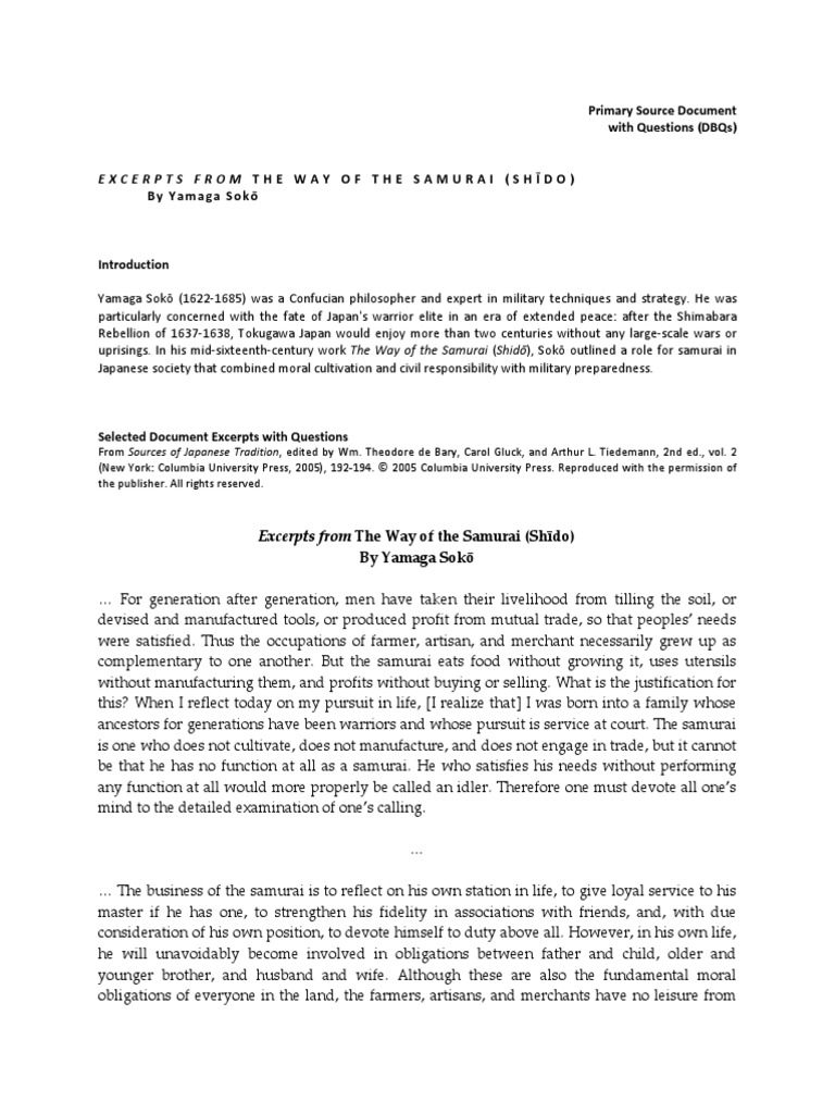 Excerpts From The Way of The Samurai (Shīdo) : Primary Source Document ...