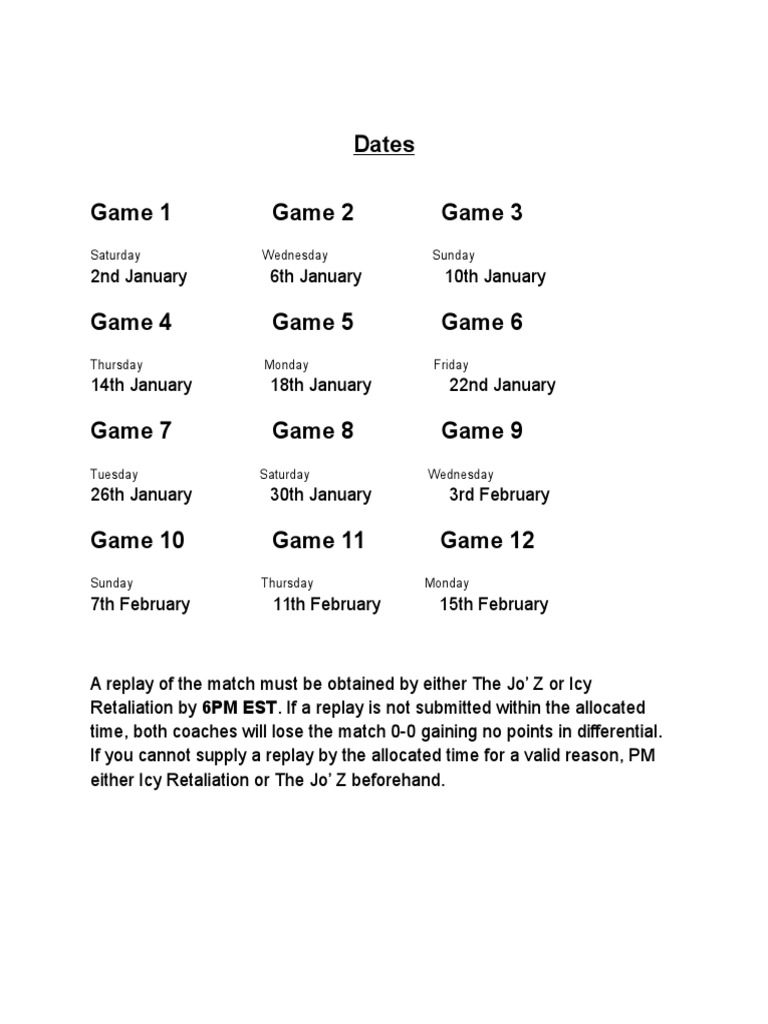 Dates Game 1 Game 2 Game 3 | PDF