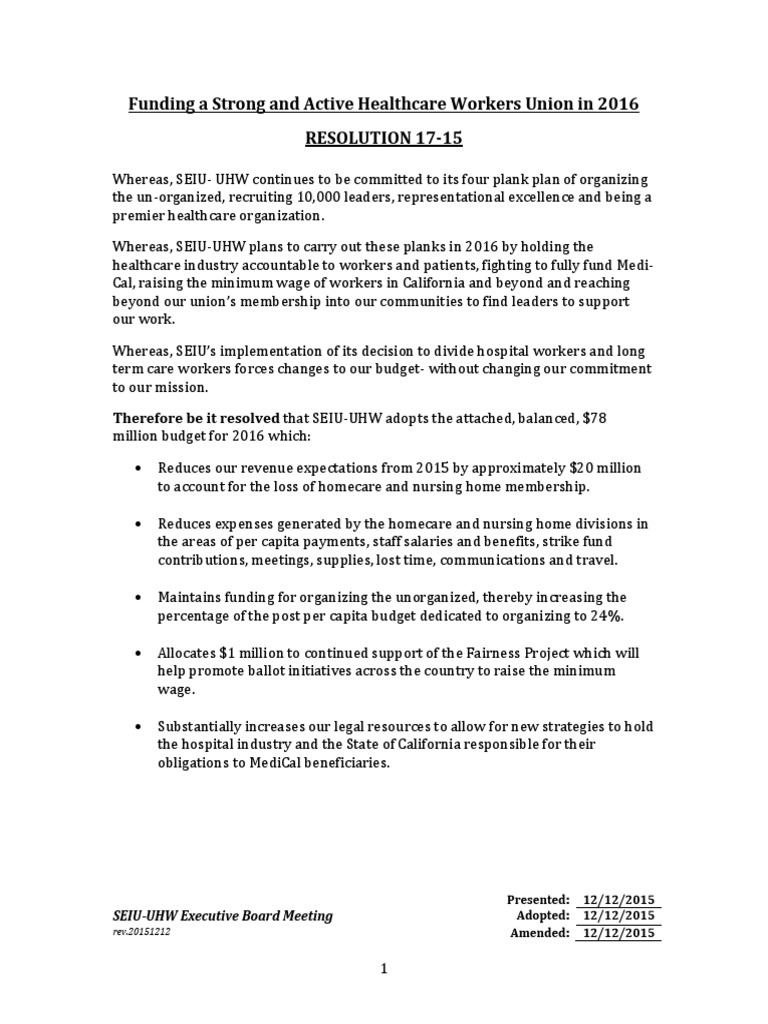 SEIU-UHW Board Resolution On 2016 Budget (12-12-2015) | PDF | Health ...