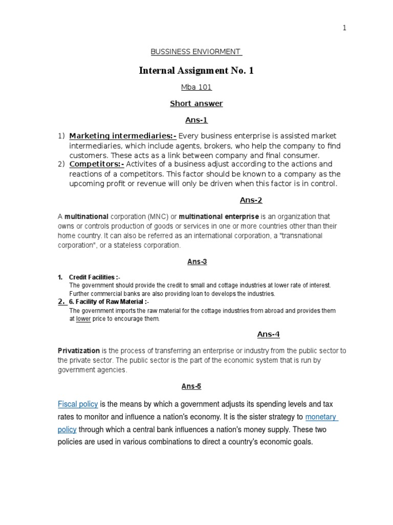 Internal Assignment No. 1: Short Answer Ans-1 | PDF | Monetary Policy ...
