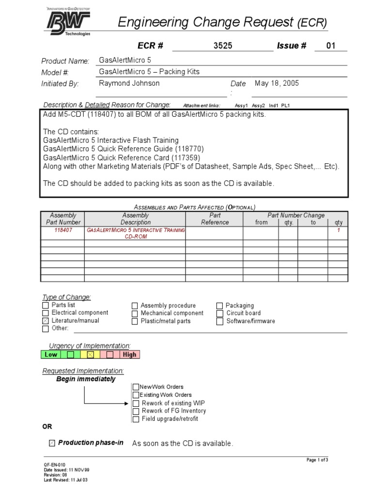 Engineering Change Request: Ecr # Issue # | PDF | Production And ...
