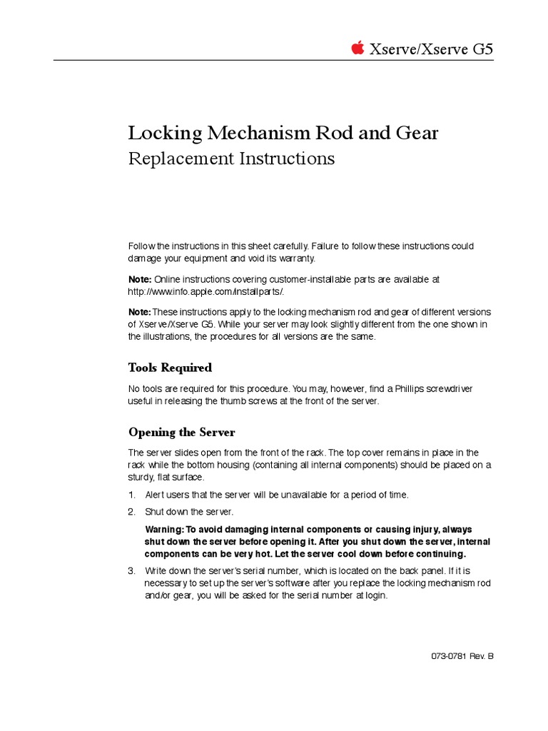 Locking Mechanism Rod and Gear: Replacement Instructions | PDF ...