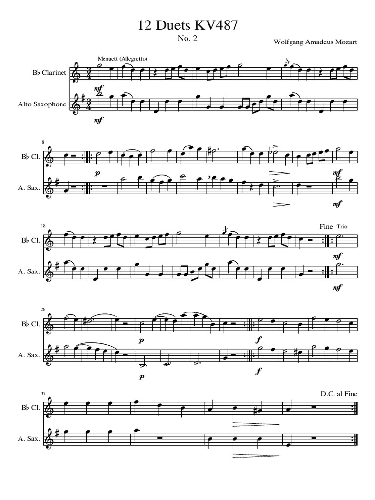 Mozart 12 Duets KV487 Duet No. 2 For Clarinet and Alto Saxophone | PDF ...