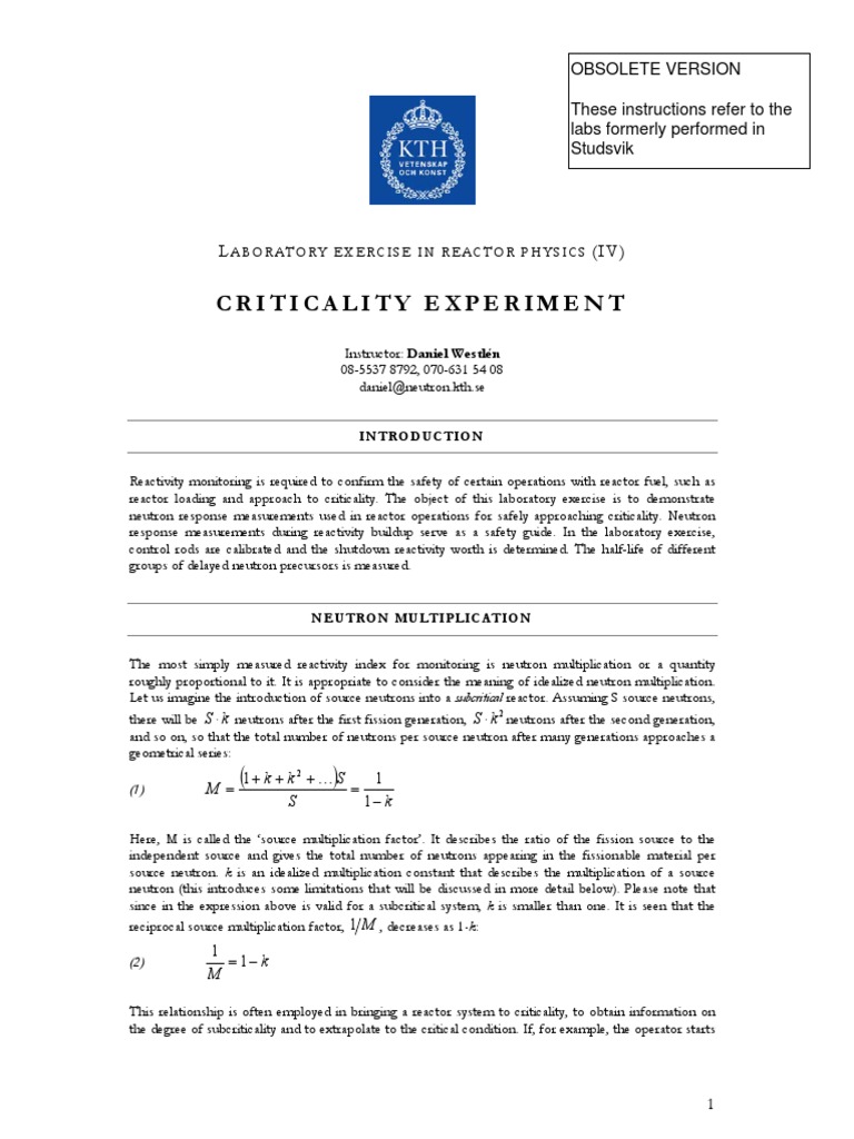 Criticality Experiment: Obsolete Version These Instructions Refer To ...