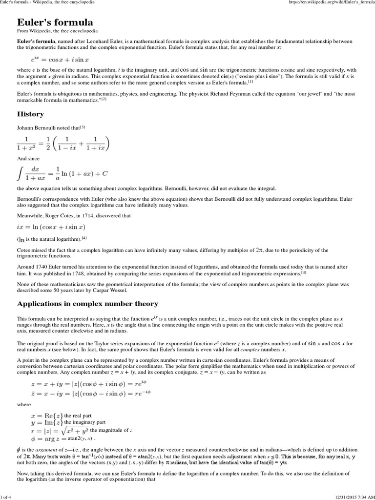 Eulers Formula | PDF | Complex Number | Trigonometric Functions