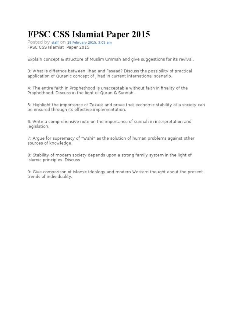 FPSC CSS Islamiat Paper 2015: Posted by On | PDF | Politics | Social ...