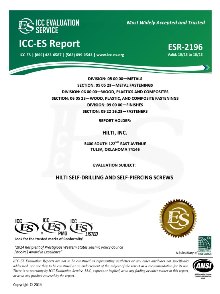 ICC ESR-2196 For Self-Drilling and Self-Piercing Screws Approval ...