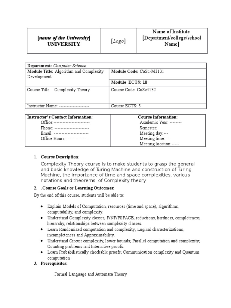 Complexity Theory Syllabus | PDF | Computational Complexity Theory ... Complexity Theory Syllabus | PDF | Computational Complexity Theory ...