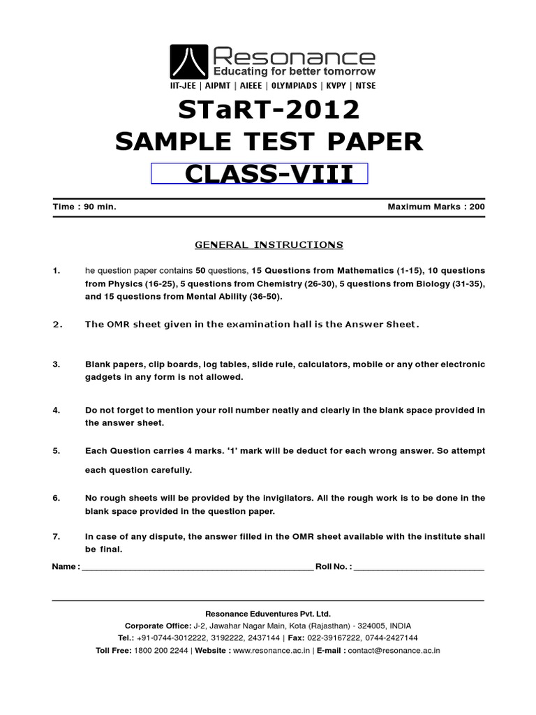Class 8 Sample Test Paper Overview | PDF | Physical Sciences | Chemistry