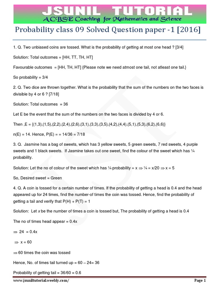 9th Probability Solved Question Paper-01 | PDF | Probability | Teaching ...